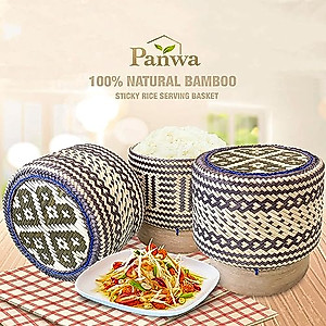 PANWA Handmade 100% Eco-Friendly Thai Bamboo Sticky Rice Serving Basket - Riceberry Toned Wickerwork with Vegetable Based Dye - Food Safe- Family Size