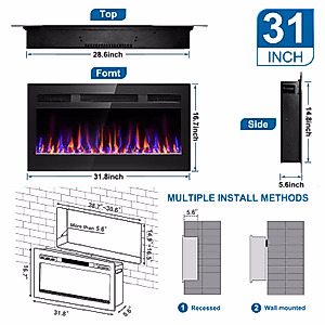 31 Inch Electric Fireplace Recessed and Wall Mounted, Fireplace Heater and Linear Fireplace, Ultra-Thin Electric Fireplace, Low Noise, with Timer, Remote Control, Adjustable 12 Flame Color, 750/1500W