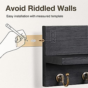 rorecay Key and Mail Holder for Wall: Easy Install Rustic Key Hooks for Wall with Measured Template, Wooden Key Rack with Metal Mail Slot for House Entryway Decor, Black