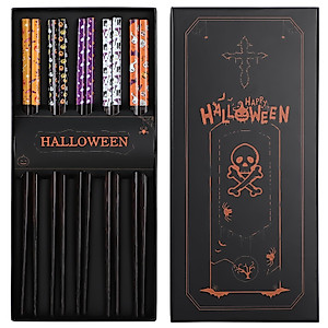 Sbirdbao Halloween Party Reusable 5 Pairs 9.4 Inches Wooden Chopsticks, Dishwasher Safe Tableware Gift with Halloween Decorations Sets