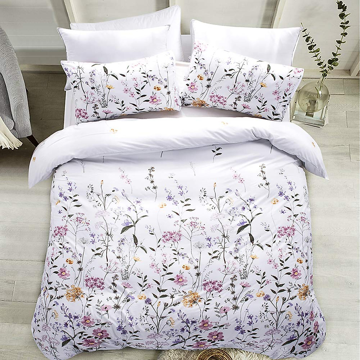 Carisder Full/Queen Duvet Cover Set Floral Soft White Comforter Cover Set 3 Pieces Bedding Sets (Floral Queen)