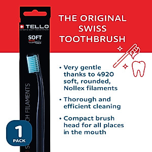 TELLO 4920 Adult Soft Swiss Toothbrush for Gentle Cleaning with Ergonomic Handle, 1 Count