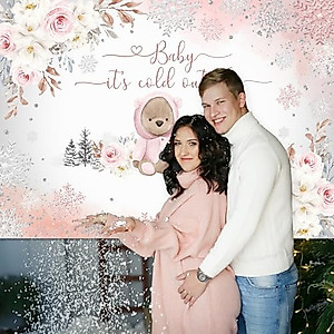 Avezano Winter Bear Baby Shower Backdrop for Girls Baby It's Cold Outside Party Decorations Photography Background We can Bearly Wait Pink Snowflakes Baby Shower Photoshoot (7x5ft)