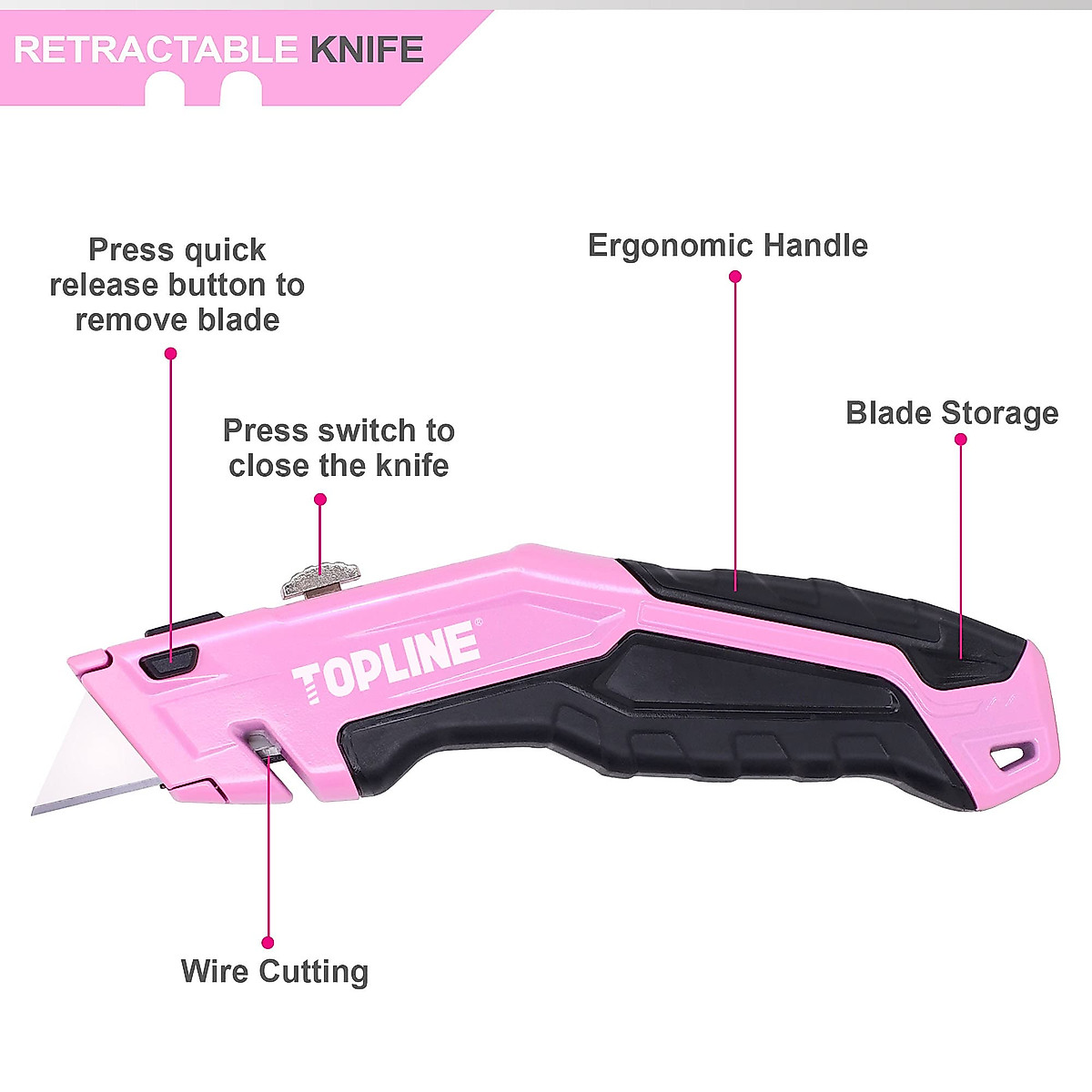 TOPLINE Retractable Pink Utility Knife, Retractable Pink Box Cutter, Blade Storage Design, 18-Piece SK5 Blades and a Dispenser Included (1 PACK(PINK))
