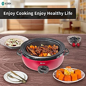 ICOOK USC-35-OP001RD 3.5 Quart Slow Cooker,Aluminium Sear/Sauté Stew Pot Stovetop safe,Dishwasher Safe,Glass Lid,Adjustable Temp,Food Warmer,Red