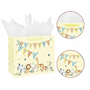 13" Large Baby Boy Girl Gift Bag for Baby Shower with Tissue Paper and Greeting Card (Yellow)