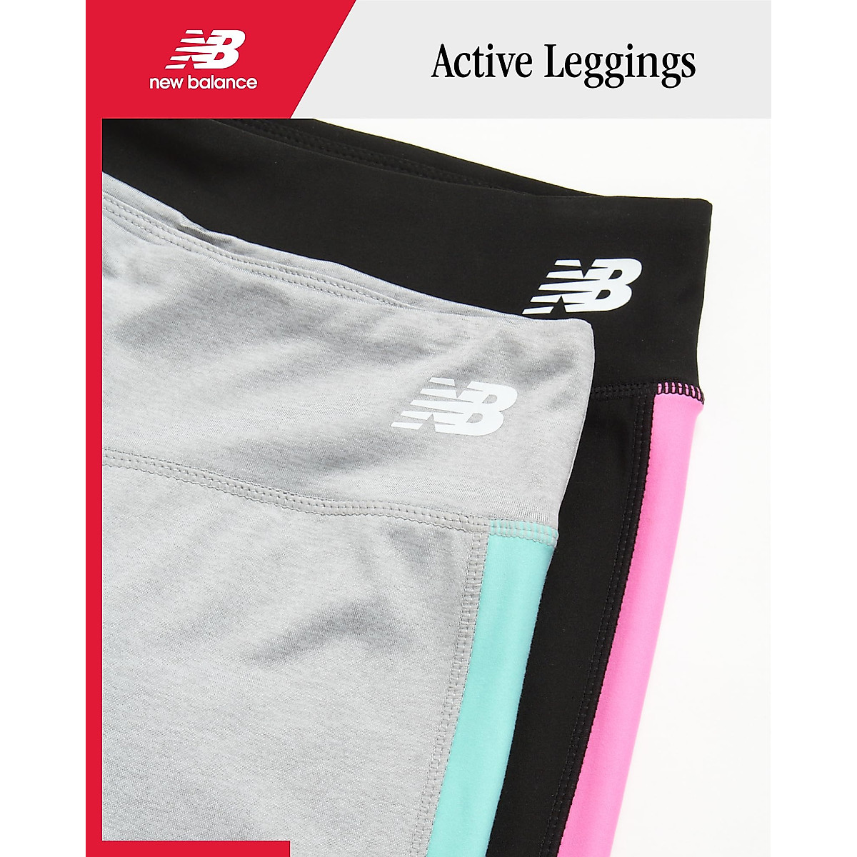 New Balance Girls' Active Leggings - 2 Pack Full Length Performance Yoga Pants (7-16), Size 14-16, Black/Pink Grey