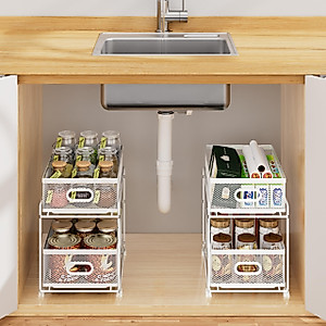 Wkokos 2 Tier Under the Sink Organizer Sliding Metal Basket, Adjustable Mesh Cabinet Storage Organizer -Ideal for Office, Kitchen, Bathroom, White