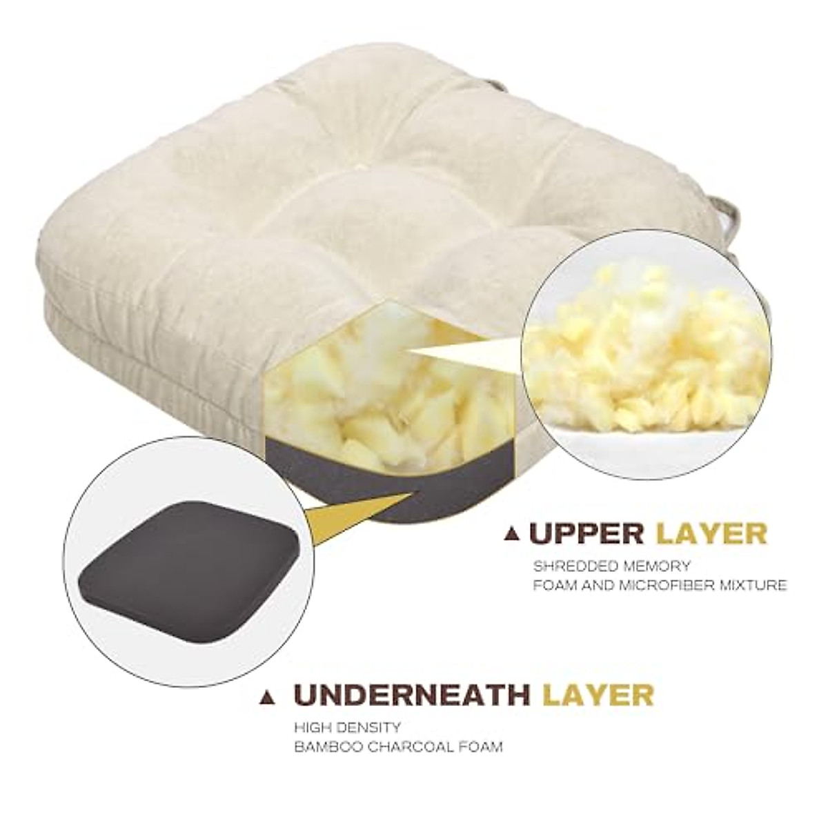 TANYOO Kitchen Chair Cushions Set of 4 Dual Layer Chair Cushions for Dining Chairs Shredded Memory Foam and Charcoal Foam Pads Fillings Seat Cushions White 16.5"x 16.5" x 3.5"