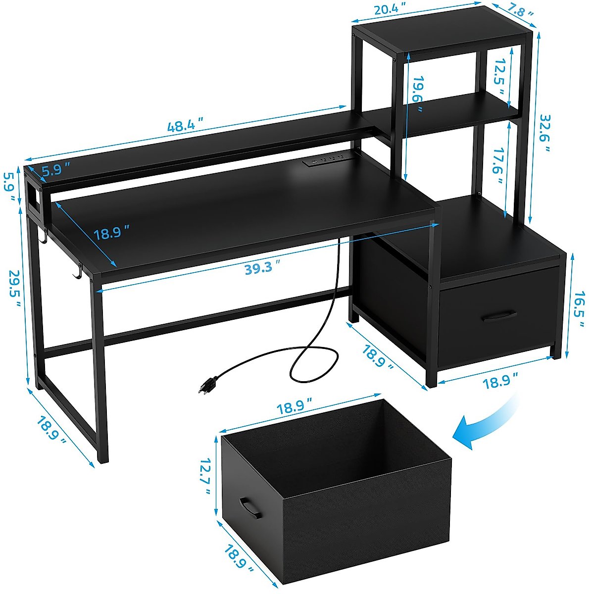 GreenForest Office Desk with Power Outlets and Printer Shelf, 59 inch Computer Desk with LED and Drawer, Reversible Gaming Desk with Storage for Home Study Working,Black