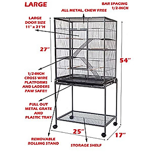 54" Large Deluxe and Sturdy Wrought Iron 4-Tiers Tight 1/2-inch Bar Spacing for Ferret Chinchilla Sugar Glider Mice Rat Cage with Detachable Rolling Stand (BlackVein, 54")