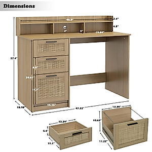 ENSTVER Computer Desk with Drawers and Hutch Shelf,Home Office Small Desk with Storage File Drawers,Boho Rattan Writing Study Table for Bedroom