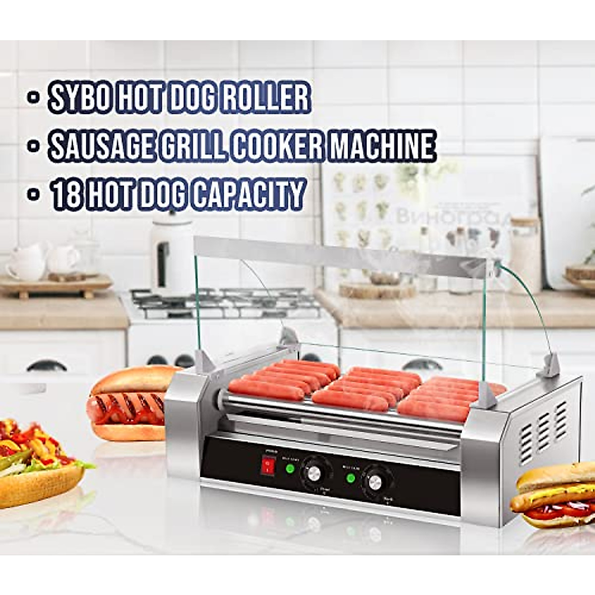 SYBO Hot Dog Roller, 18 Hot Dog 7 Roller Grill Cooker Machine with Removable Stainless Steel Drip Tray and Glass Hood Cover, 1000-Watts, OT-R3-8