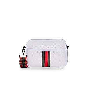Haute Shore - Drew Trento Crossbody,White Coated W/Olive,Black,& Red Stripe