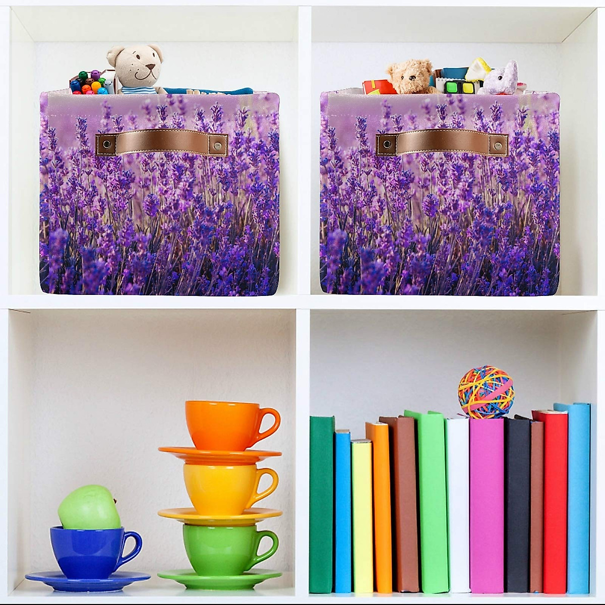 AUUXVA Storage Basket Purple Lavender Field Storage Cube Box Durable Canvas Collapsible Toy Basket Organizer Bin with Handles for Shelf Closet Bedroom Home Office