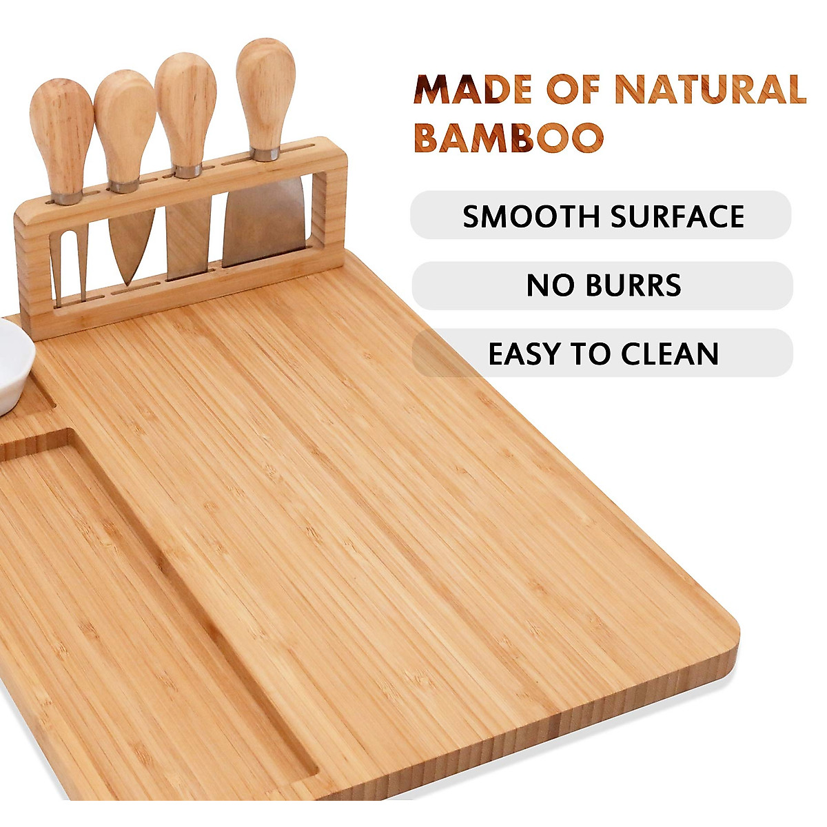 Aoibox Bamboo Cheese Board Set 14.17"*11"*0.8", Charcuterie Platter and Serving Meat Board Including 4 Stainless Steel Knife, Cheese Tray, Yankee Swap Gifts