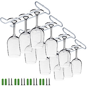 eastbao white 4 Wine Glass Rack Under Cabinet Shelf Glasses Holder Storage With Drying Stemware Rack Under Counter Wine Glass Holder Metal Hanger Steamware Wine Glass Hanging Rack for Kitchen
