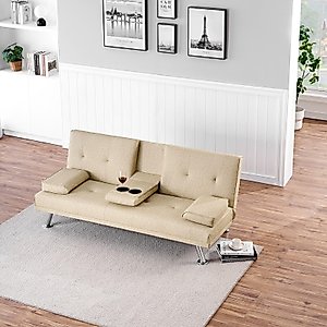 Daesar 67" Beige Leather Multifunctional Double Folding Sofa Bed for Office with Coffee Table