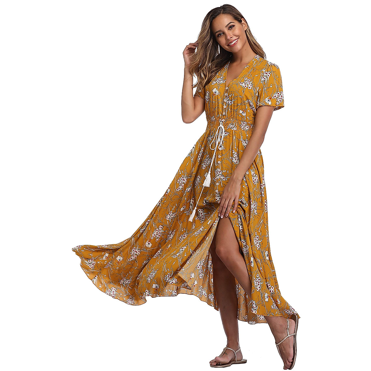 VintageClothing Women's Floral Maxi Dresses Boho Button Up Split Summer Casual Long Dress Beach Party Dress, L