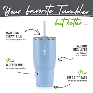 REDUCE Cold1 34 oz Tumbler with Lid and Straw- Vacuum Insulated Stainless Steel Water Bottle for Home, Office or Car; Reusable Cup with Leakproof Flip Lid, Keeps Drinks Ice Cold All Day- Matte Phantom