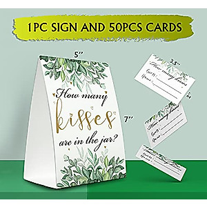 Guess How Many Kisses Are in the Jar Game (1 Standing Sign + 50 Guessing Cards),Greenery Golden,Bridal Shower Sign,Baby Shower Sign - H07
