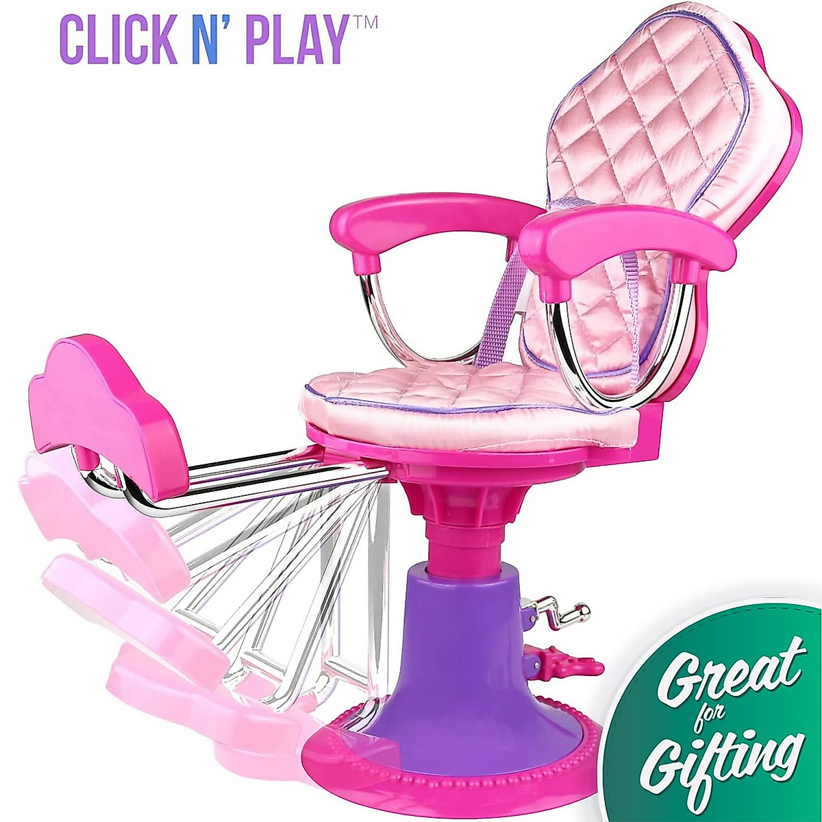 Pretend Play Hair Salon Toy for Girls, Click N' Play Doll Salon Chair with 8 Doll Accessories - Hair Salon Toys for Girls: Chair, Hair Brush, 2 Hair Clips, 2 Curlers, Girl Gift Ages 3+, Pink & Purple