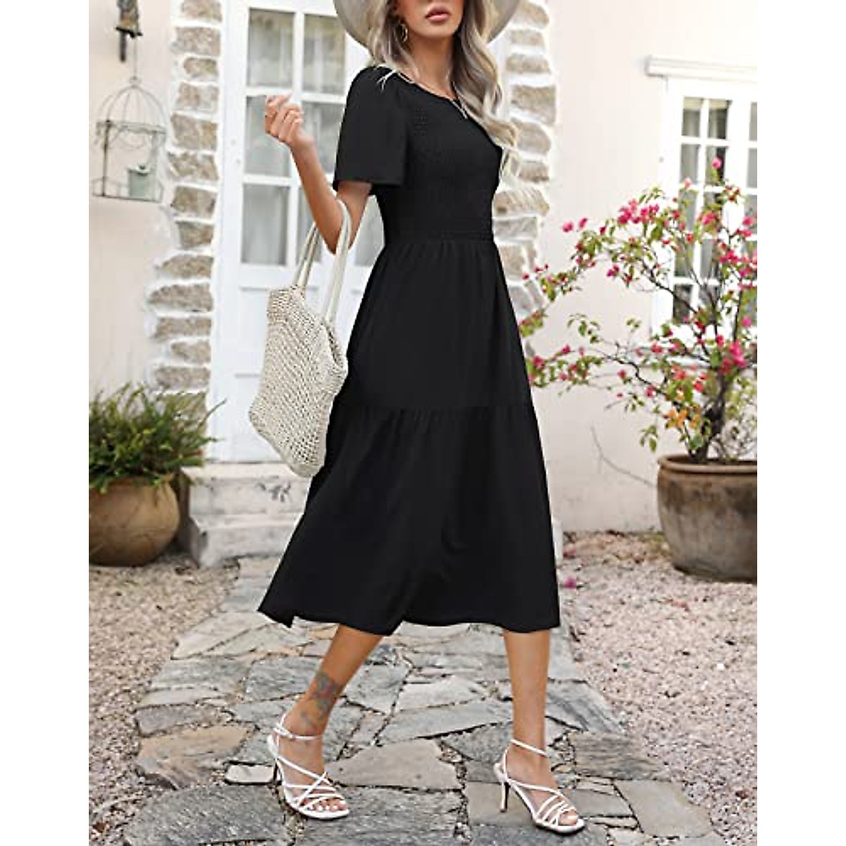Ellakoko Summer Dresses for Women 2023 Casual Short Sleeve Modest A Line Crew Neck Ruffle Tiered Smocked Midi Black Dress Solid Black M