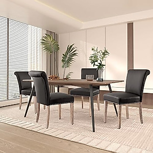 CHUN YI Dining Chairs Set of 2, Upholstered Dining Chair with Nailhead Trim and Wood Legs, Modern Faux Leather Chair for Dining Room, Living Room, Kitchen (Dark Gray)