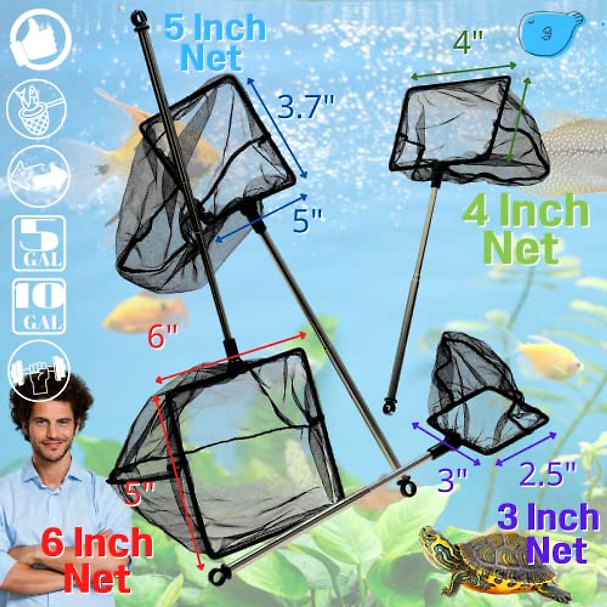 Aquarium Betta Fish Net Protect Delicate Fin, Soft Fine Deep Mesh Scooper w/Sturdy Extendable 7~14 Inch Stainless Steel Long Handle for Shrimp Fish Tank Small Pond & Pool (5 Inch Aquarium net)