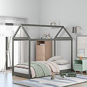 LIADTOP Twin Size Wooden House Bed,Wooden Twin Platform Bed Frame with Headboard and Footboard, Roof Design, for Toddlers Kids Boys Girls Teens,No Box Spring Needed,Grey(New)