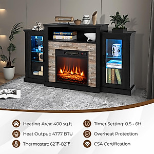 COSTWAY Electric Fireplace TV Stand for TVs Up to 65 Inches, 18-inch Fireplace Insert with APP Control, Remote Control, 16 Color Lights, Wooden Entertainment Center with Adjustable Shelves, Black