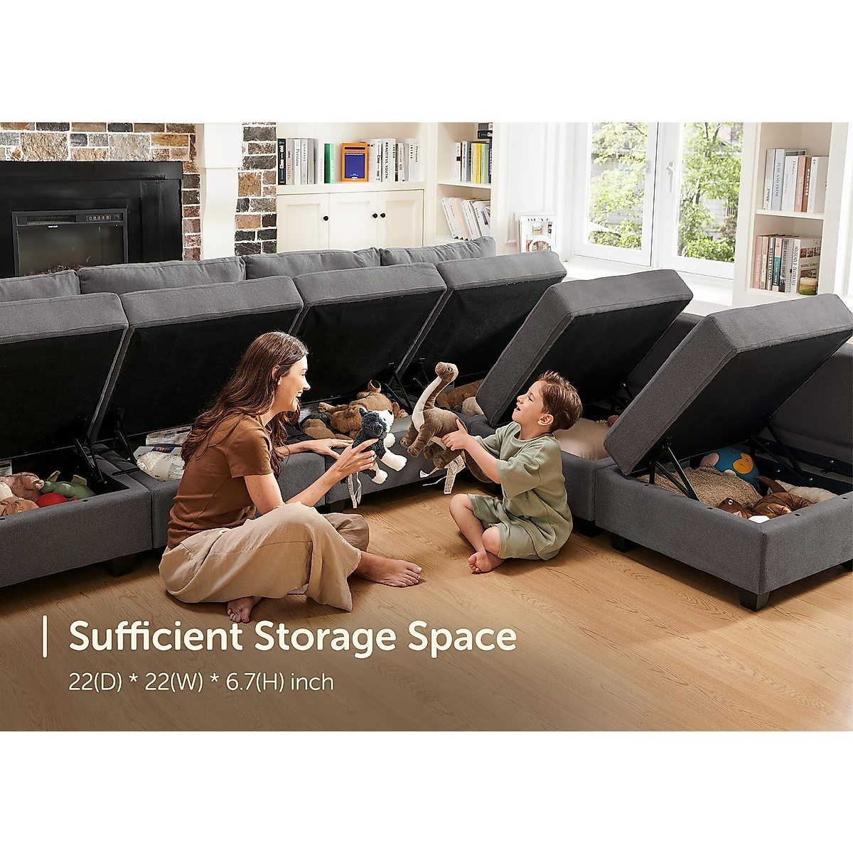 HONBAY Modular Sleeper Sectional Sofa Sectional Sleeper Couch with Storage Ottoman Reversible Modular Sofa for Living Room Dark Grey