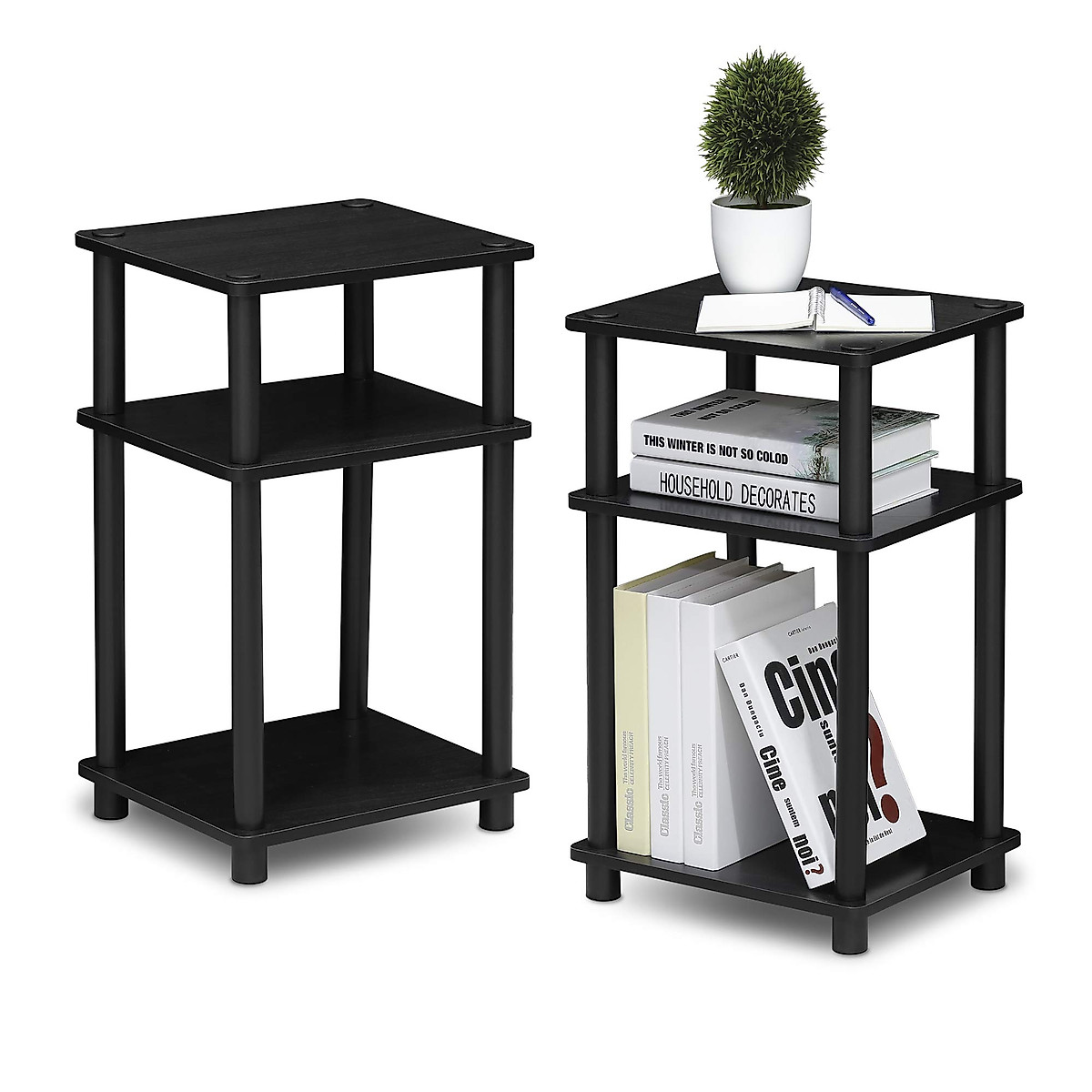 Furinno Just 3-Tier Turn-N-Tube End Table/Side Table/Night Stand/Bedside Table with Plastic Poles, 2-Pack, Americano/Black & Jaya Large Entertainment Stand for TV Up to 55 Inch, Blackwood