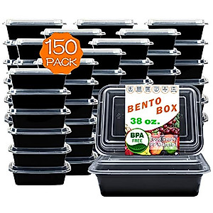 New Century, 150-Pack [38 oz] 1-Compartment Food Container - Rectangular Meal Prep Bento with Lid - Portable Lunch Box - Stackable - BPA Free - Freezer/Microwave/Dishwasher Safe - Reusable Storage