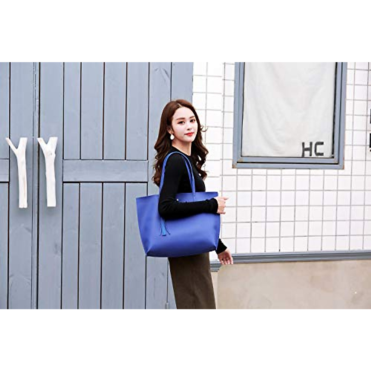 Dreubea Women's Soft Faux Leather Tote Shoulder Bag from, Big Capacity Tassel Handbag Royal Blue