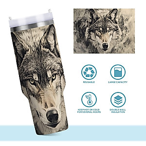 Jihqo Dangerous Wolf 40 oz Stainless Steel Vacuum Insulated Tumbler with Handle and Straw Lid, Leakproof Water Bottle Double Wall Travel Mug Coffee Cup, Cupholder Friendly