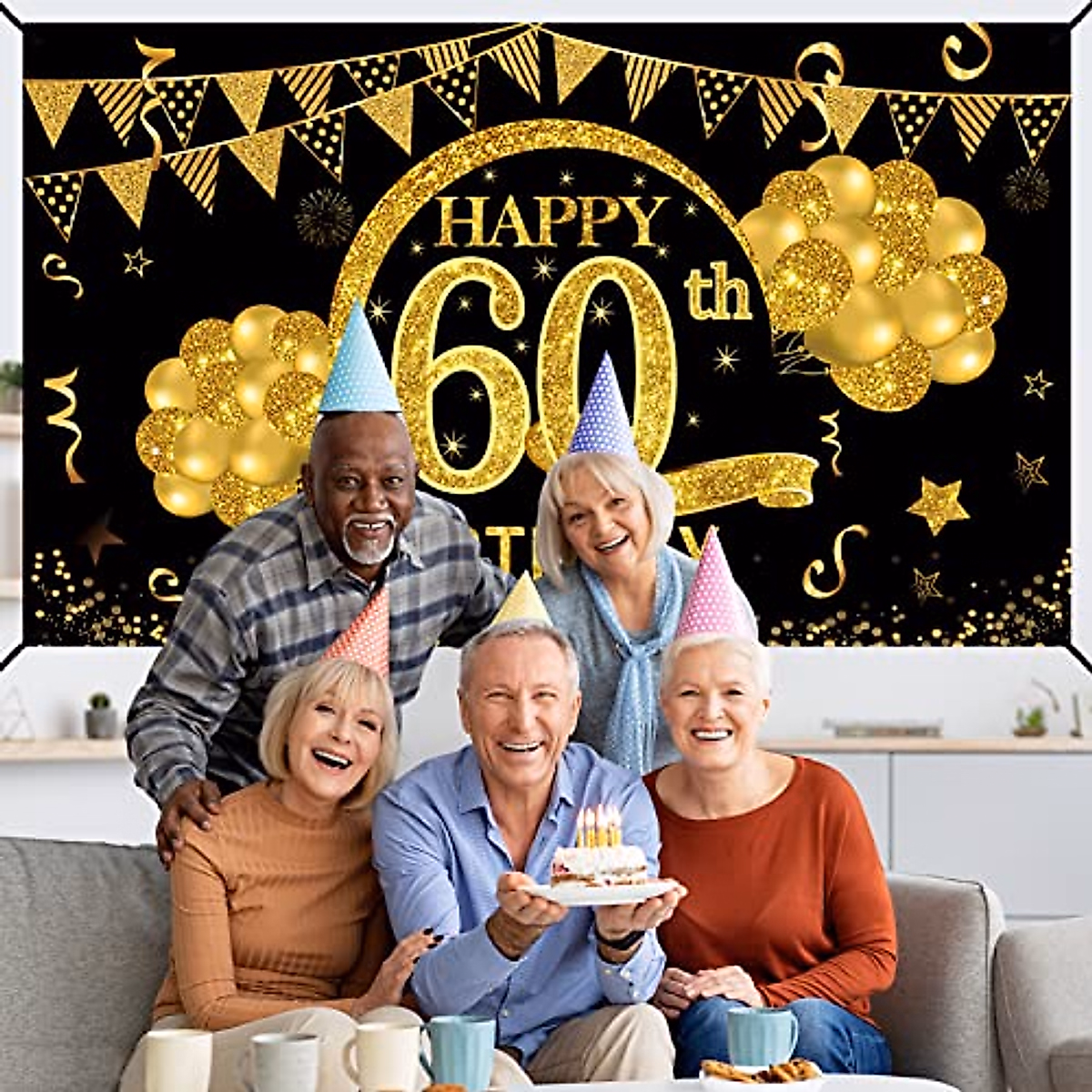 60th Birthday Banner Decorations for Men Women, Black Gold Happy 60 Years Old Birthday Backdrop Party Supplies, Sixty Years old Birthday Photo Booth Decor for Outdoor Indoo​r