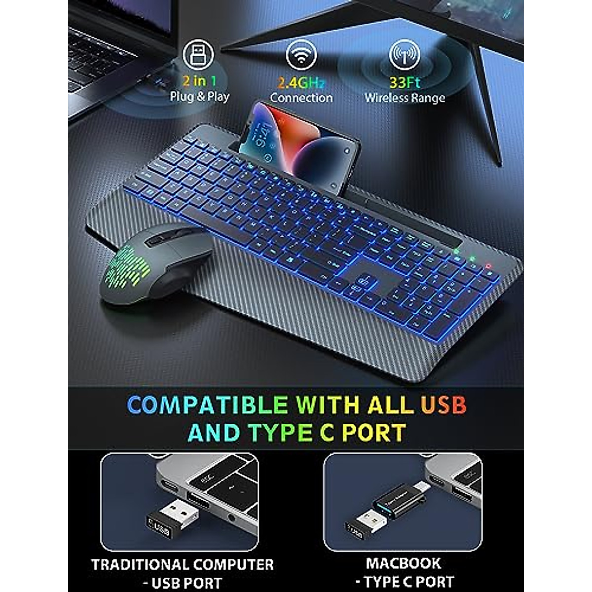 Wireless Keyboard and Mouse Backlit, Wrist Rest, Jiggler Mouse, Phone Holder, Ergo Rechargeable Silent Light Up Combo for Computer, Mac, PC, Laptop, Chromebook - by SABLUTE, Gray