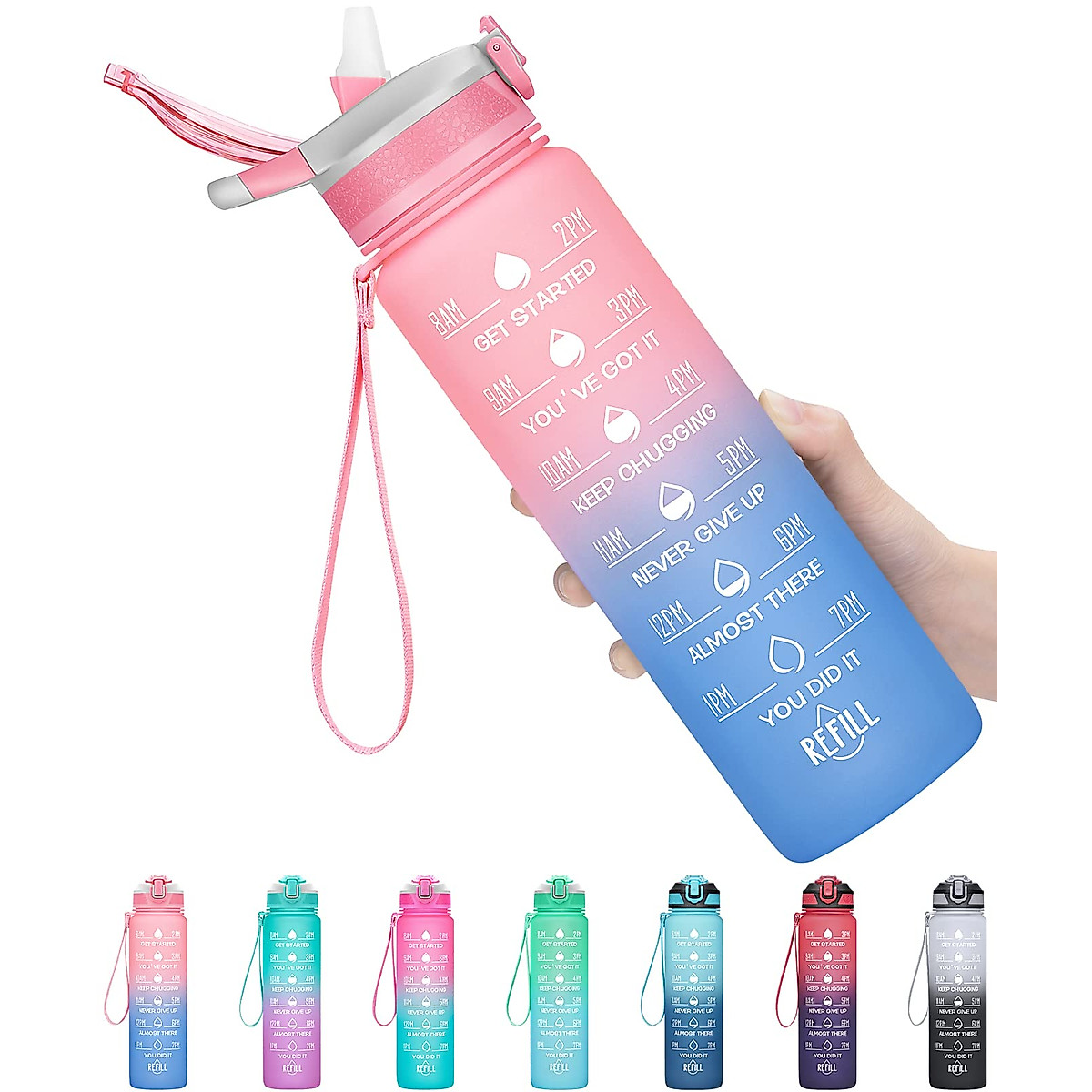 32OZ Motivational Fitness Sports Water Bottle with Straw & Time Maker, BPA-free, Tritan Plastic, Leak-proof Ensure you Stay Hydrated Throughout The Day for Gym, Outdoor Sports (Omber: Rose Serenity)