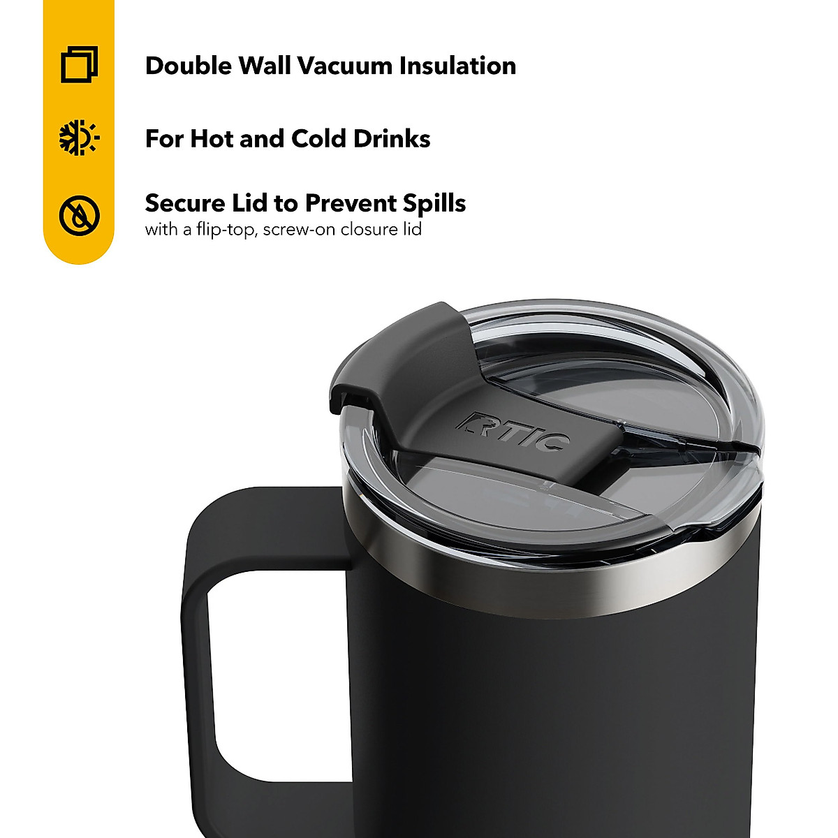 RTIC 16 oz Coffee Travel Mug with Lid and Handle, Stainless Steel Vacuum-Insulated, Hot and Cold Drink, for Car, Camping, Black