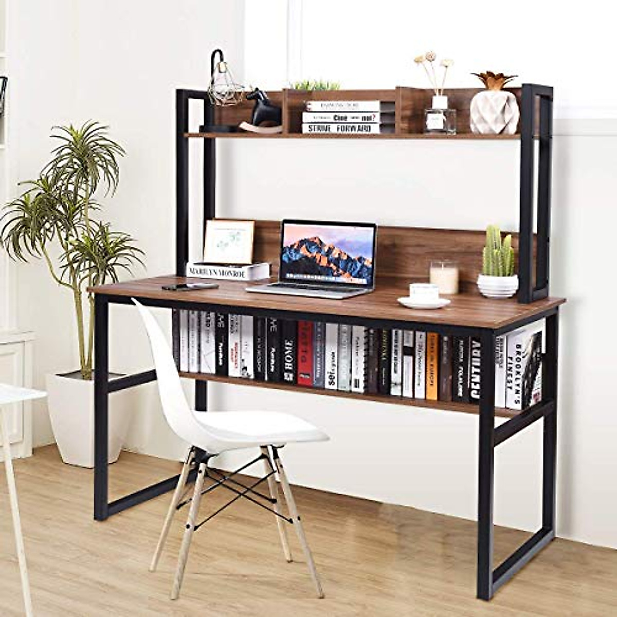 Tangkula Computer Desk with Hutch, Home Office Desk Study Writing Desk with Storage Bookshelves, Space Saving Computer Workstation for Home Office (Light Walnut)