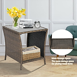 kinbor Outdoor Patio Side Table - Wicker PE Rattan Patio Table, Square Coffee Table with Glass Top and Storage, Outdoor Side/End Table for Deck Pool Garden Lawn Porch (Dark Blonde)