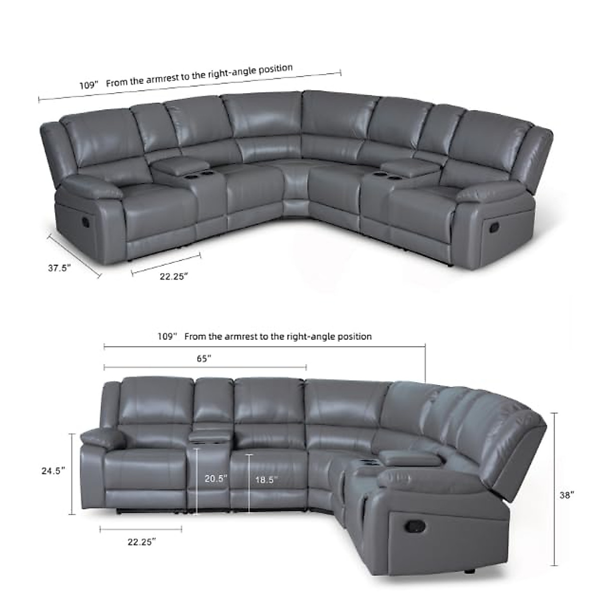 UR livingroom Modular Sectional Sofa PU Leather Manual Recliner Sofa Symmetrical Sectional Couches for Living Room Livingroom Furniture Sets, Grey