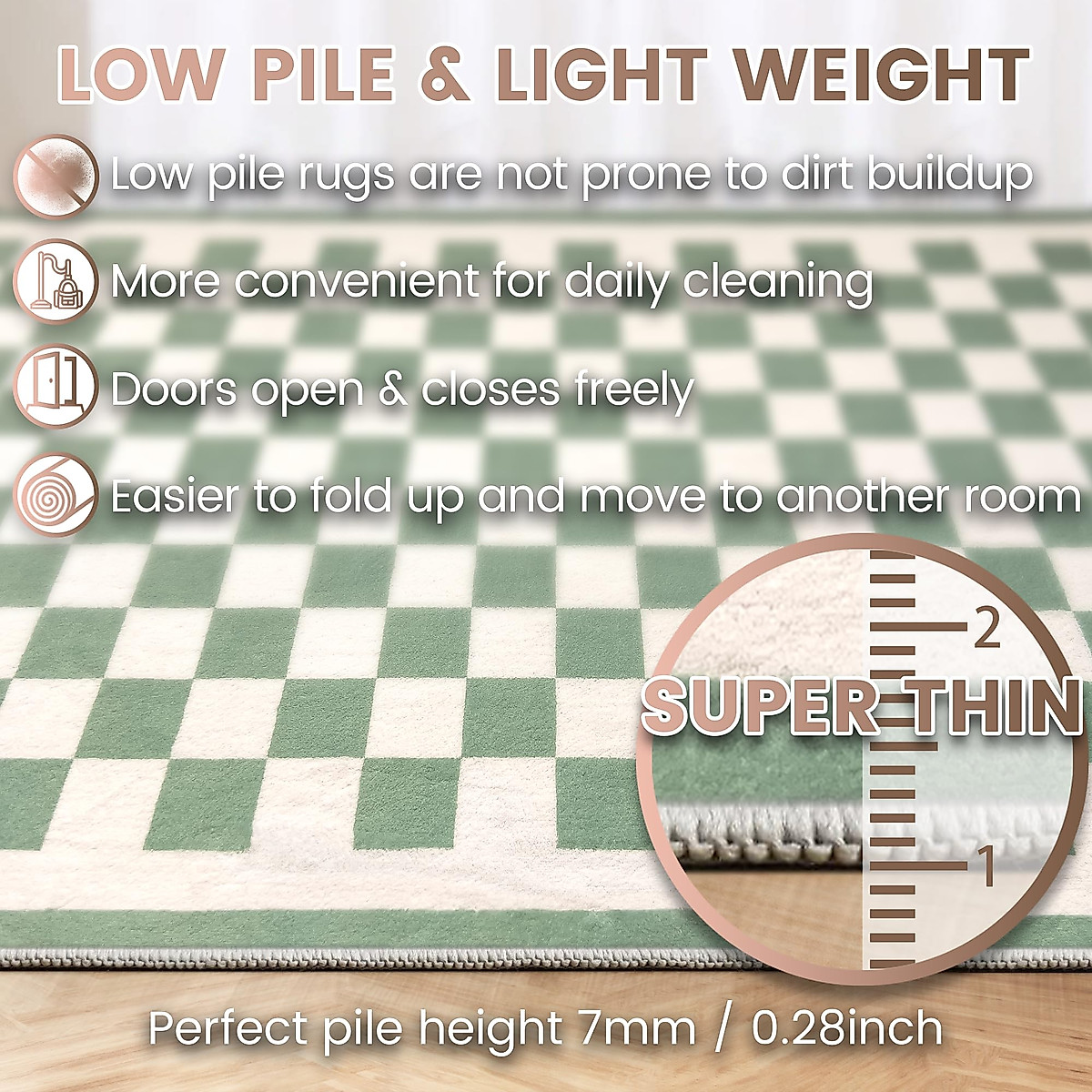 Washable 5x7 Checkered Area Rug for Living Room, Sage Green Checkerboard Modern Boho Large Rugs, Ultra Thin Low Pile Lightweight Indoor Carpet with Non-slip Backing for Bedroom Classroom Playroom Kids