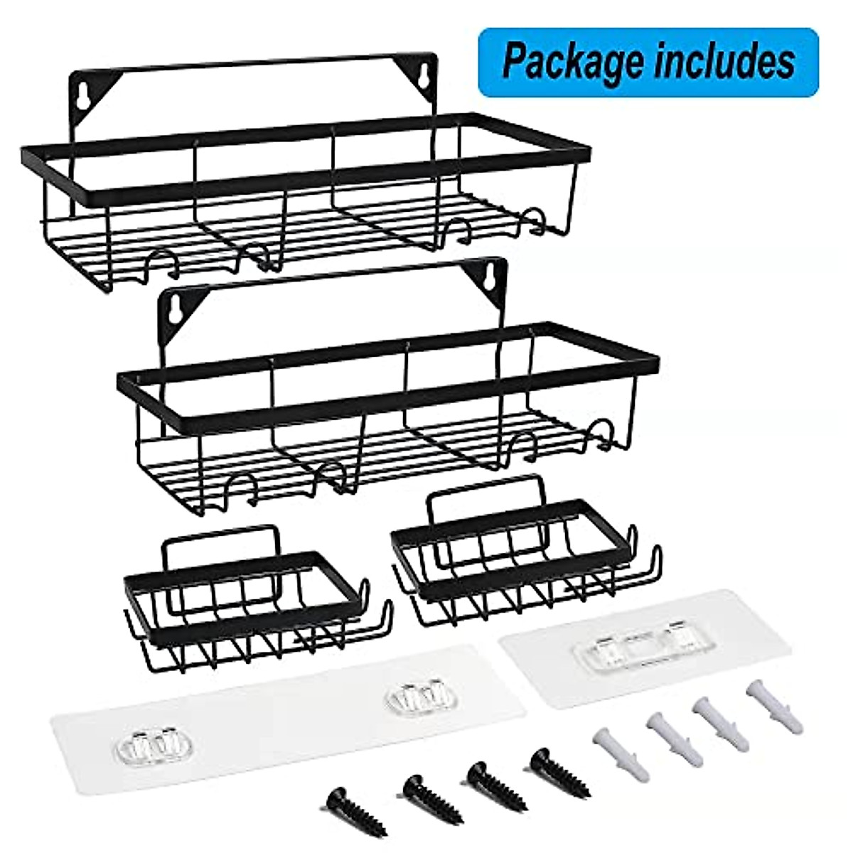 RISETEX Adhesive Shower Caddy,Bathroom Shower Organizer and Soap Dishes with Hooks,No Drilling Traceless Rustproof Bathroom Storage Wall Shower Organizer for Bathroom Toilet Kitchen RVs (Black 4)