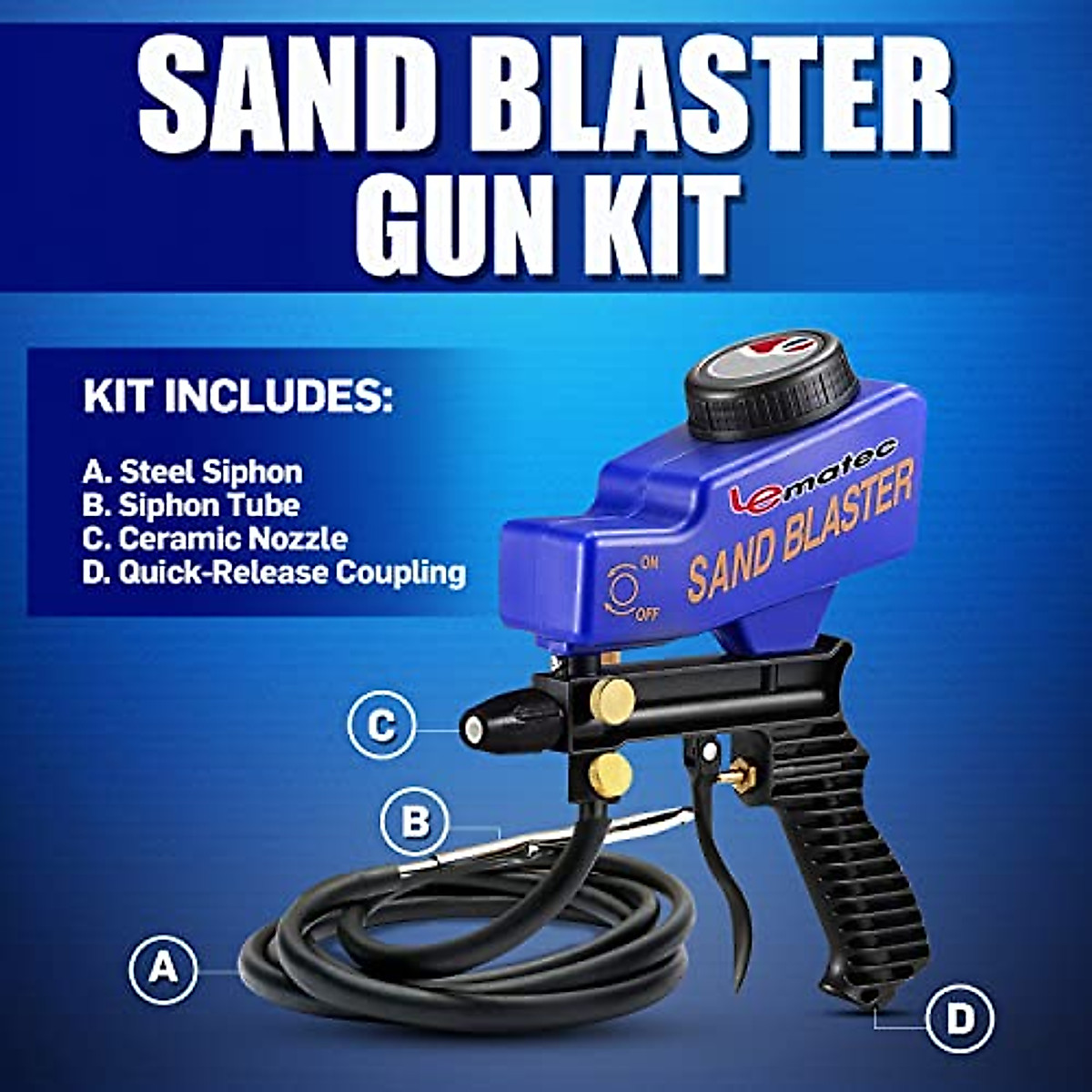 LE LEMATEC Sand Blaster Gun Kit for Air Compressor, Paint/Rust Remover for Metal, Wood & Glass Etching, Up to 150 PSI Continuous Blasting Media for Aluminum, Sand & Soda Blaster Jobs, Blue (AS118-2)