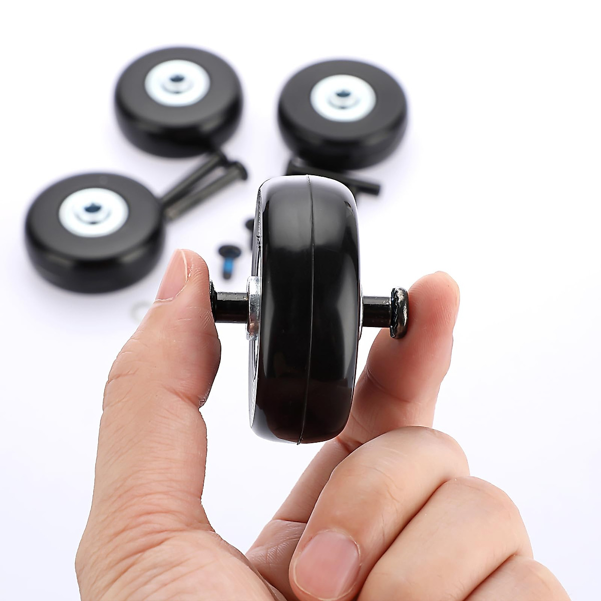 OwnMy 45mm x 18mm Luggage Wheels Replacements Set of 4 Mute Suitcase Replacement Wheels with Black Screws Axles Bearings, Rotatable Rubber Luggage Replacement Wheels Silent Suitcase Swivel Wheels Kit