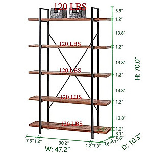 HSH Natural Real Wood Bookcase, 5 Tier Industrial Rustic Vintage Etagere Bookshelf, Open Metal Farmhouse Solid Wooden Book Shelf, Distressed Brown