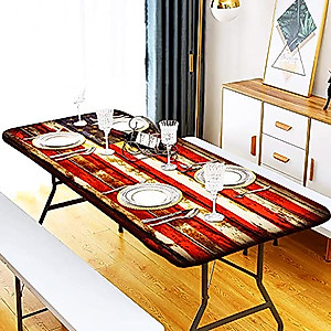 Elastic Fitted Tablecloth, American Flag Symbolism Over Old Rusty Tones Weathered Vintage Social Plank Rectangle Table Cover, Waterproof Table Cloth for Outdoor Picnic Camping Parties, 30x72 Inch
