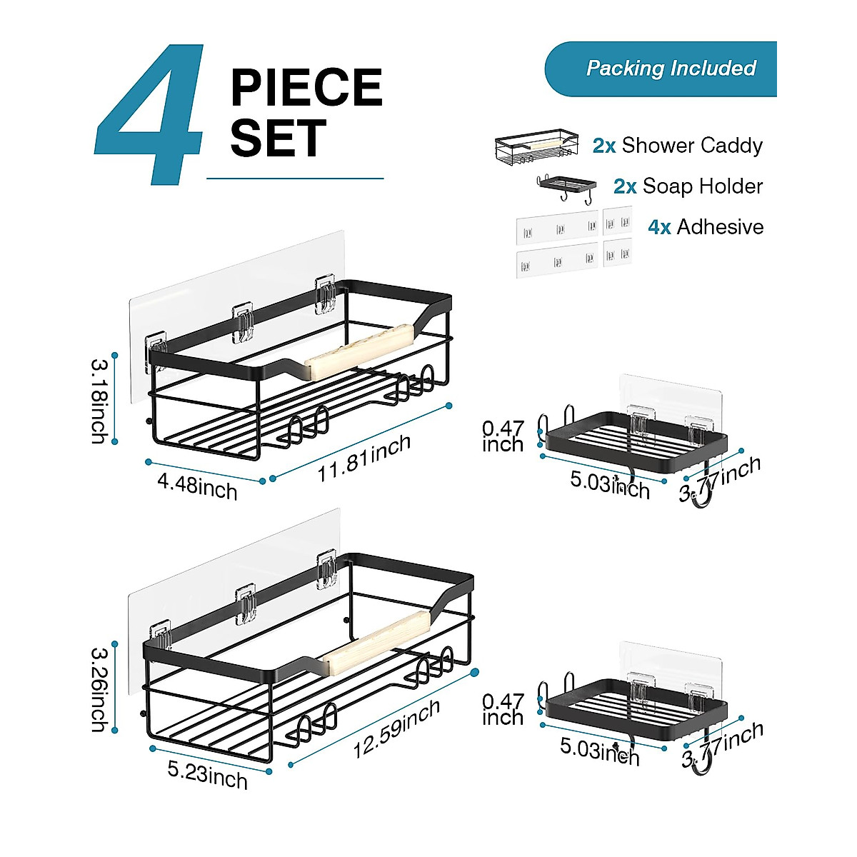 TJ.MOREE Shower Caddy 4 Pack, Adhesive Black Bathroom Shelves with 2 Soap Holders, Farmhouse Bathroom Decor, No Drilling Rustproof Shower Rack Organizer for Bathroom & Kitchen, RV, Apartment, Dorm